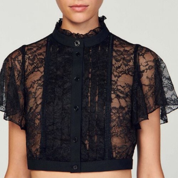 Sandro | Tops | Sandro Riri Sheer Short Ruffle Sleeve High Collar Button Up Blouse In Black ...